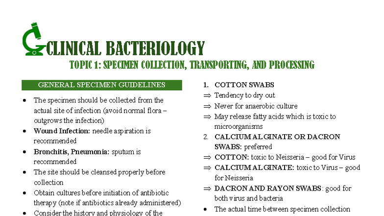 CLINICAL BACTERIOLOGY: SPECIMEN COLLECTION, TRANSPORT & PROCESSING ...