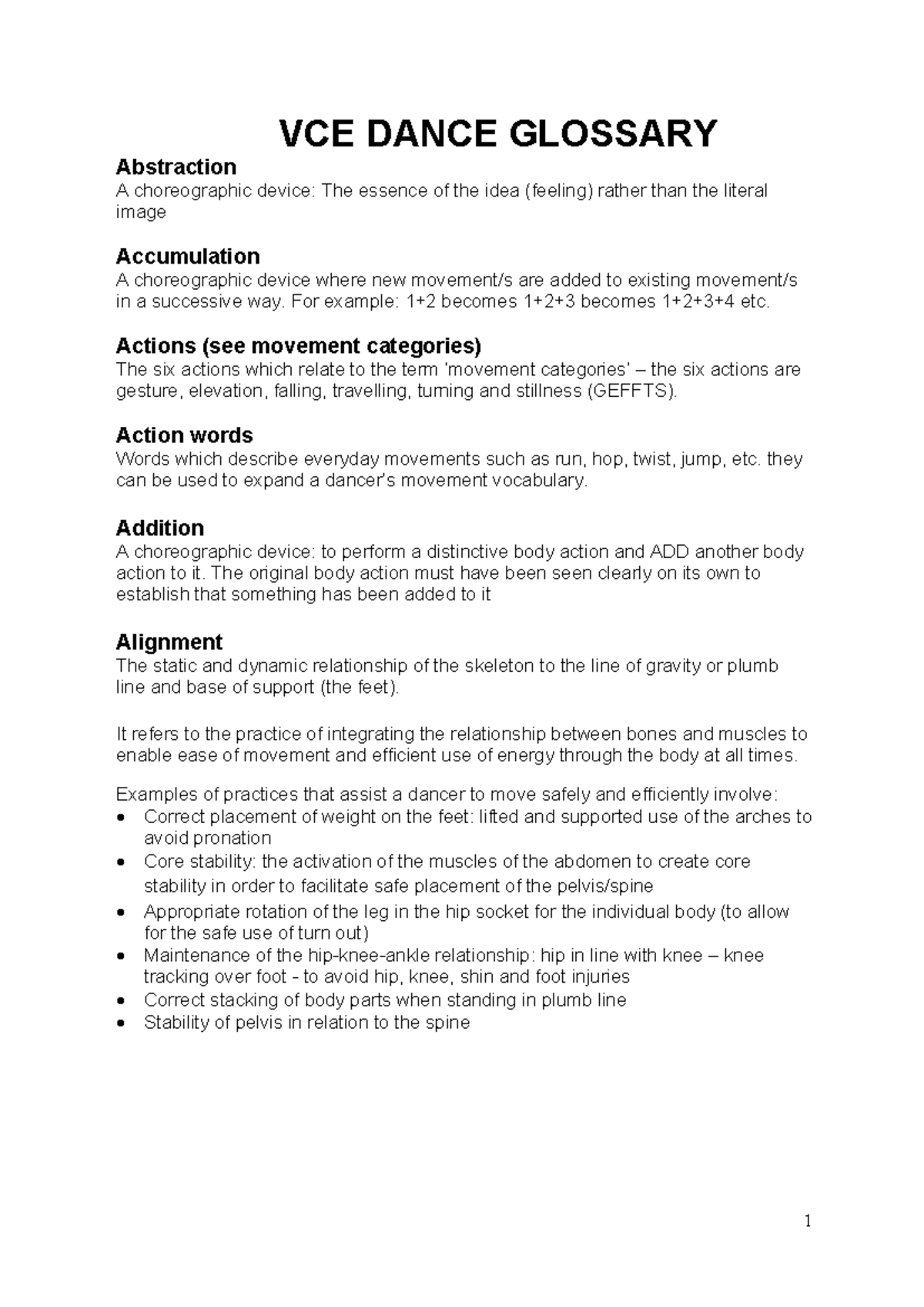 VCE Dance Glossary: Key Choreographic Terms and Concepts - Studocu