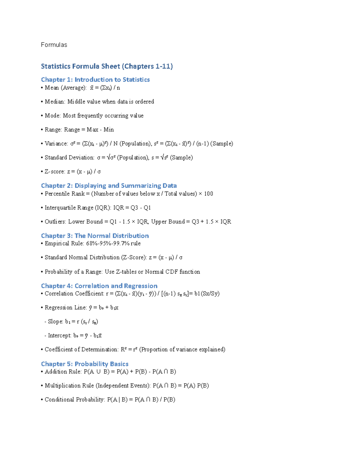 Stats notes - N/A - Formulas Statistics Formula Sheet (Chapters 1-11 ...