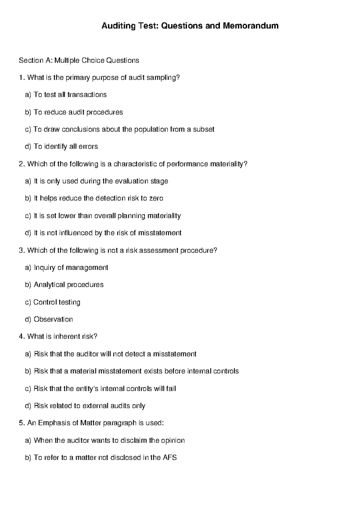 Auditing Test (ACCT 301): MCQs, Short Answers & Scenarios - Studocu