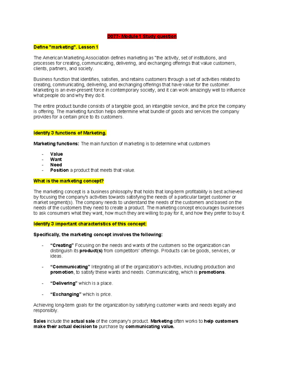 D077 - Market Study Guide: Key Concepts in Marketing and Strategy - Studocu