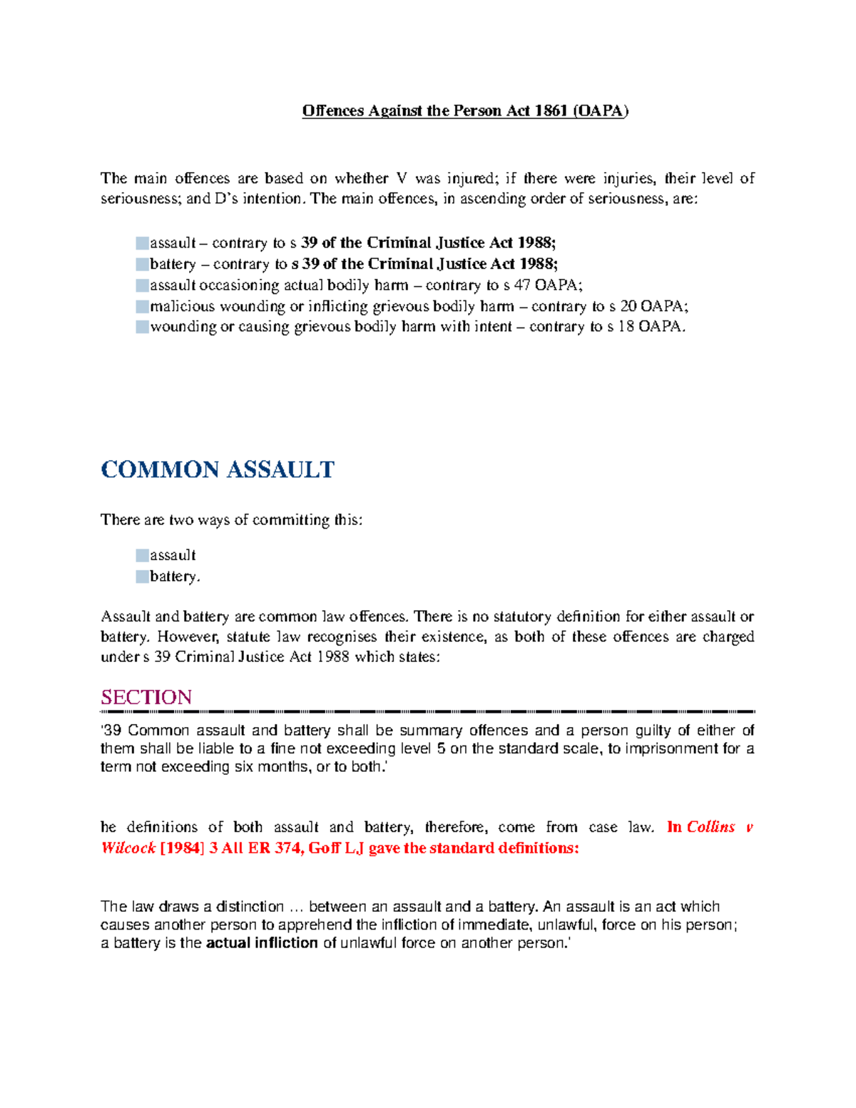 Offences Against the Person Act 1861 (OAPA) - The main offences, in ...