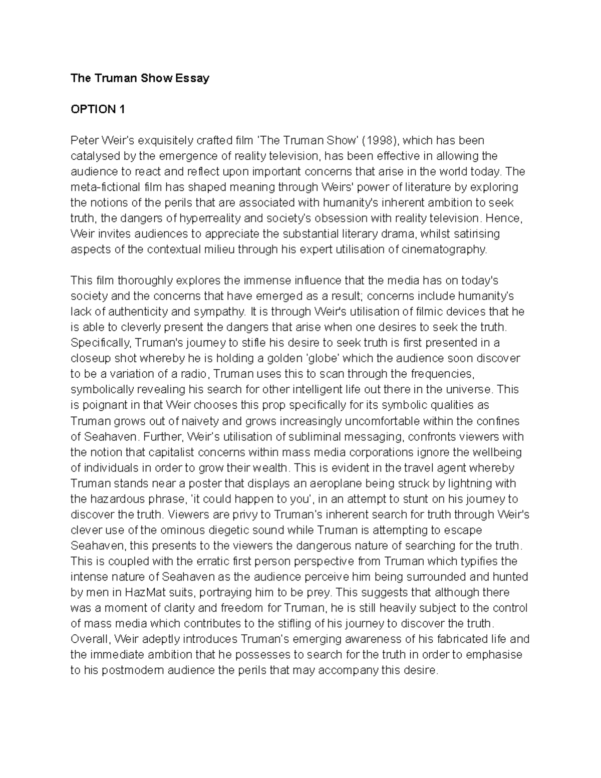 The Truman Show (1998) - Essay on Media, Reality & Truth - Studocu