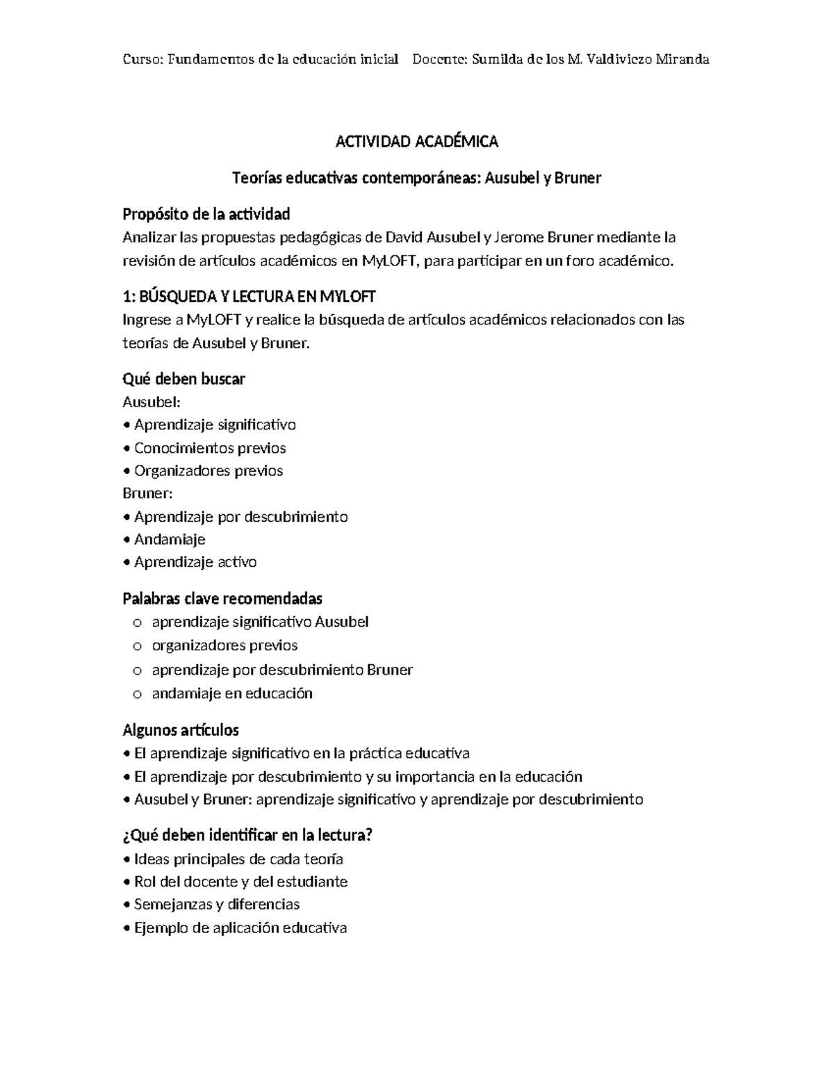 Actividad Académica: Teorías de Ausubel y Bruner en MyLOFT - Studocu