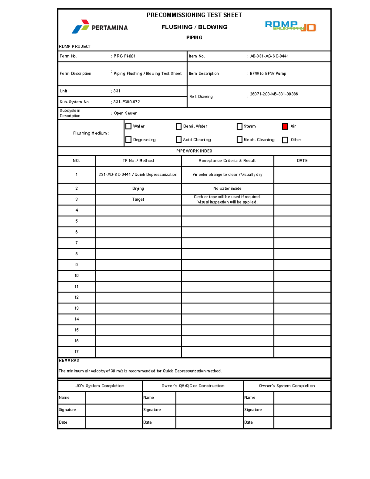 AB 331 AG SC 0441 - Precommissioning Piping Flushing Test Sheet - Studocu
