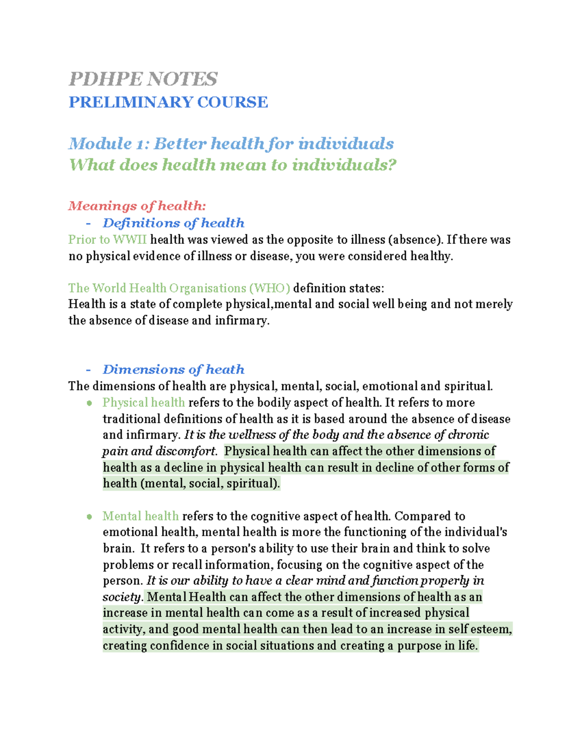 Prelim Pdhpe Notes - PDHPE NOTES PRELIMINARY COURSE Module 1: Better ...