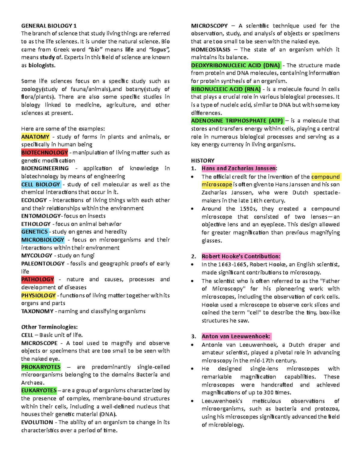 General Biology 1: Comprehensive Study Notes on Life Sciences - Studocu