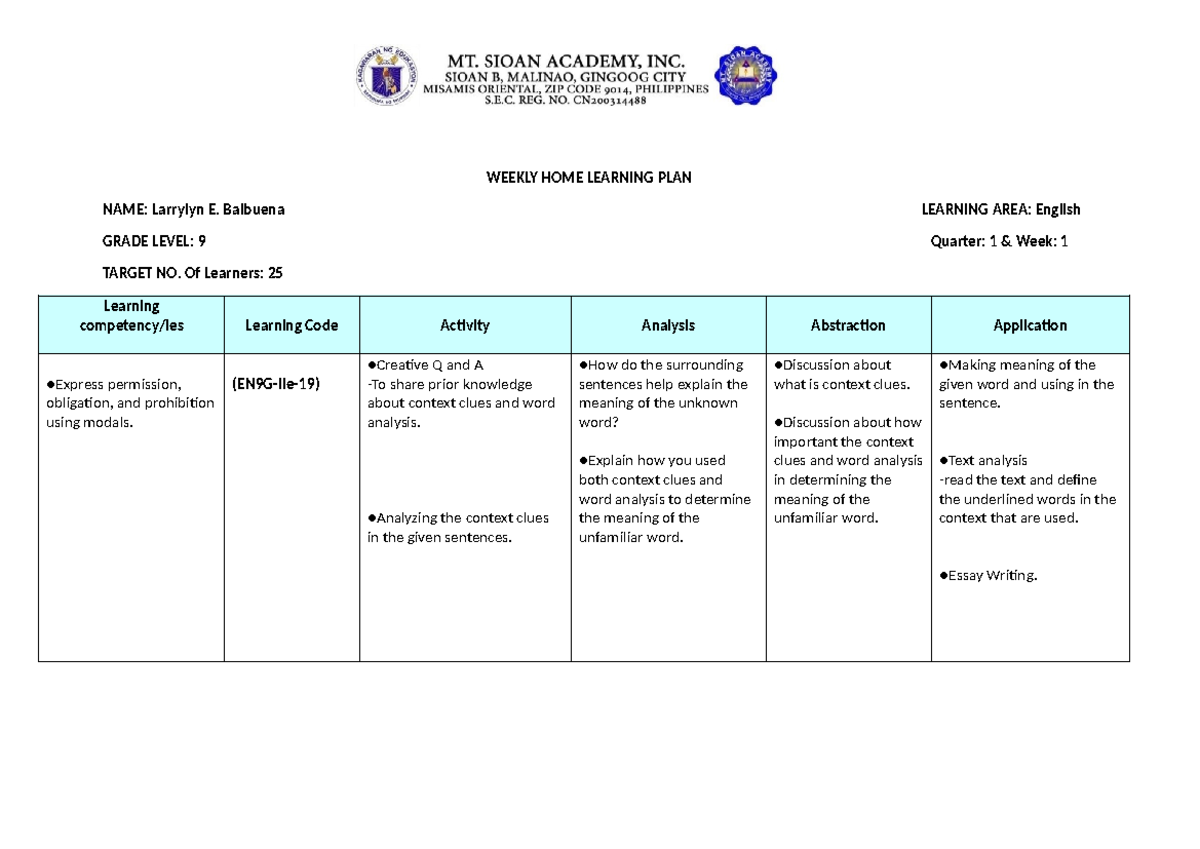 Weekly PLAN IN English 9 - NAME: Larrylyn E. Balbuena LEARNING AREA ...