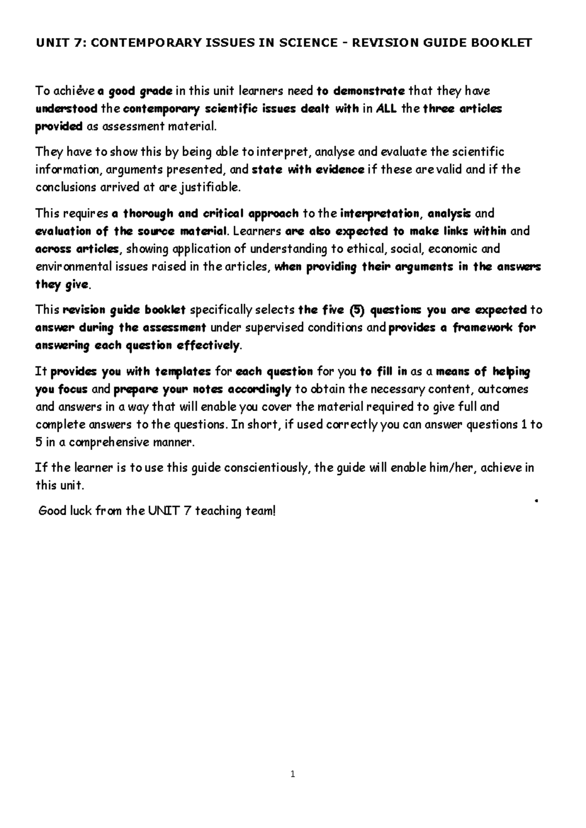 UNIT 7 Revision guide - mn,jn - UNIT 7: CONTEMPORARY ISSUES IN SCIENCE ...