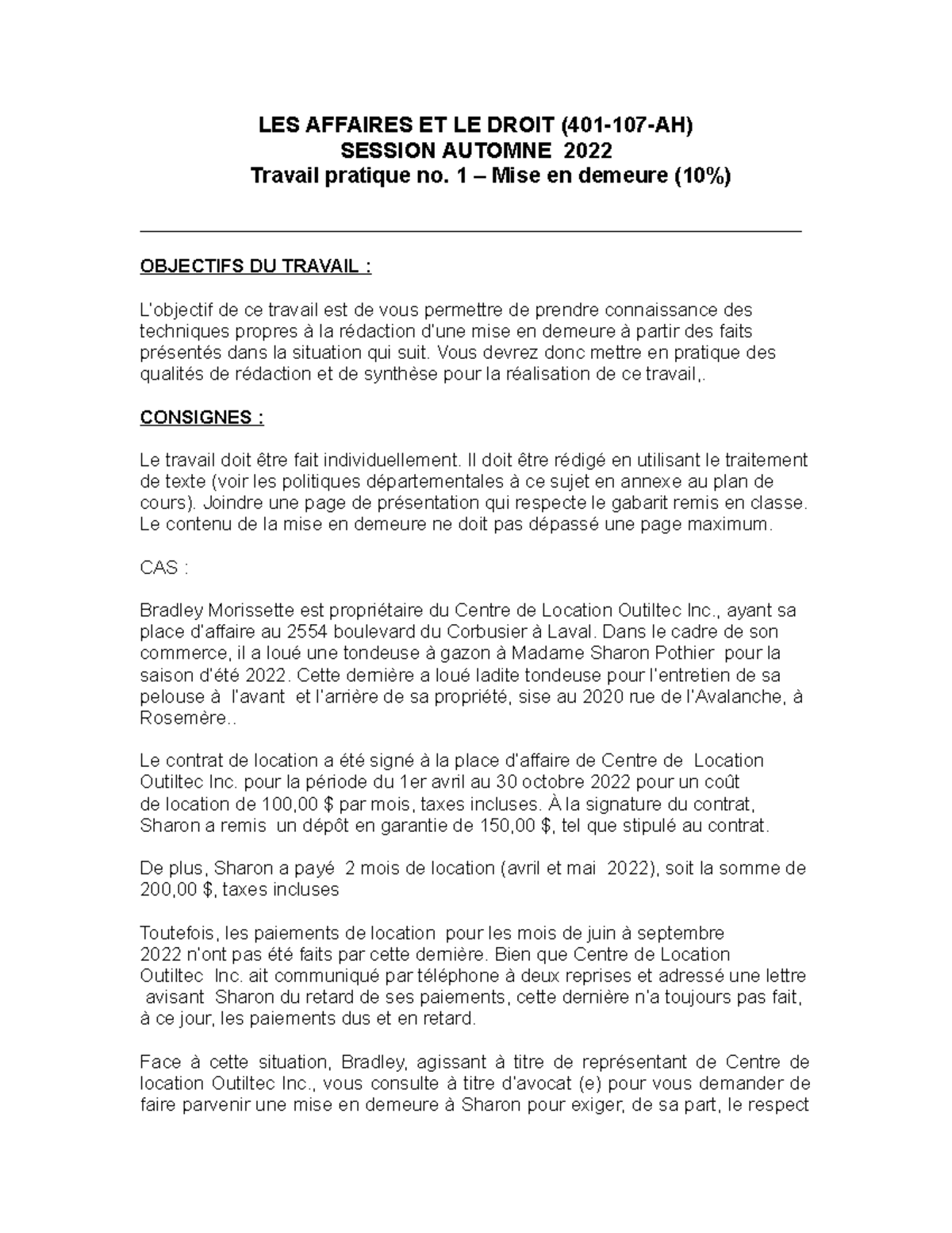 TP1 Automne 2022 - INFO - LES AFFAIRES ET LE DROIT (401-107-AH) SESSION ...