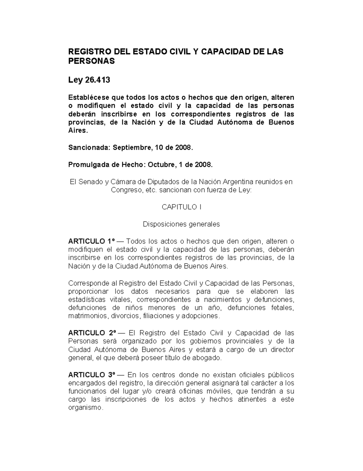 Ley 26: Registro del Estado Civil y Capacidad de las Personas - Studocu