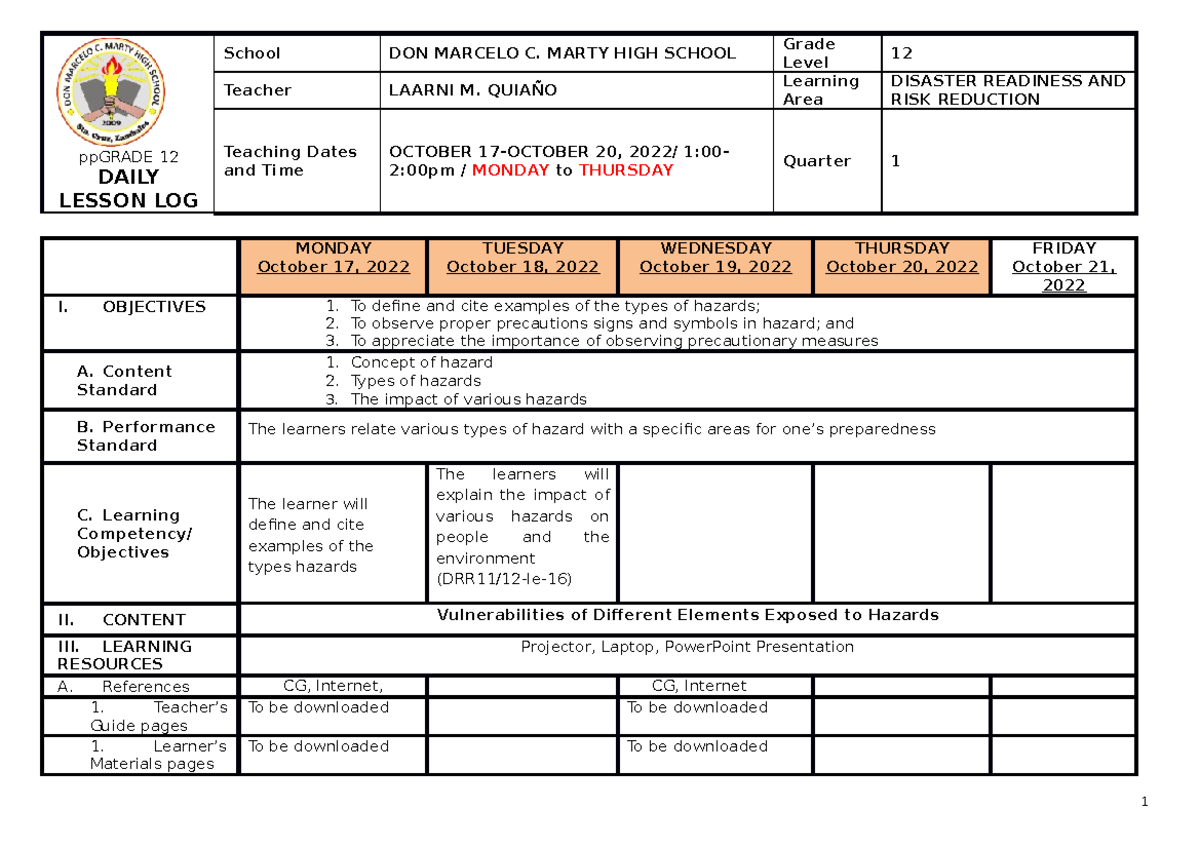 DLL DRRR (01) - Daily Lesson Log for Disaster Readiness in SHS 12 - Studocu
