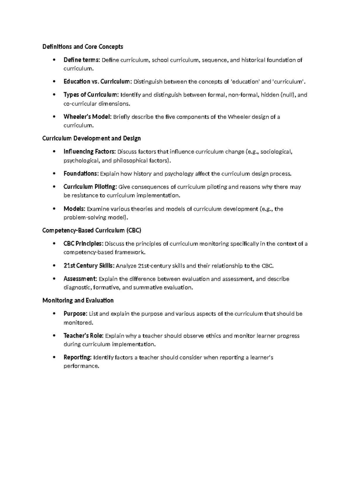 Curriculum Studies Exam: Key Concepts and Definitions (EDU 101) - Studocu