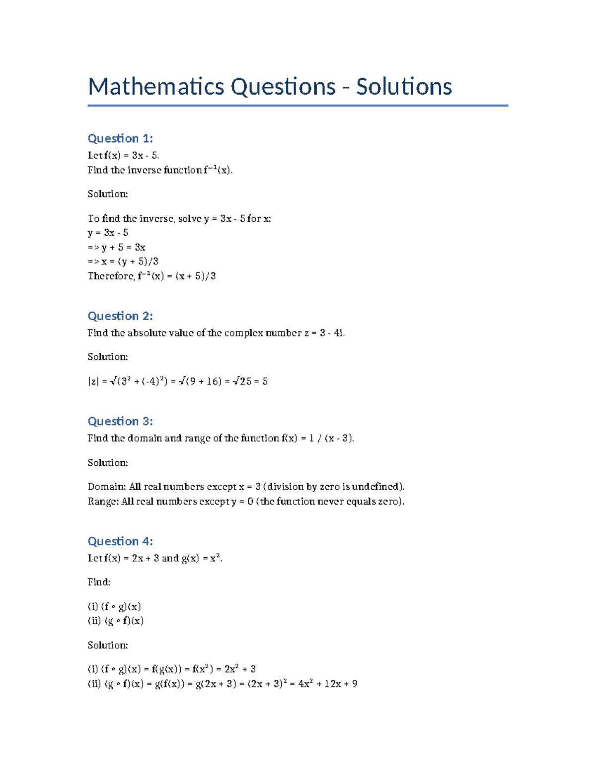 Math Questions Solutions math 100 - Mathematics Questions - Solutions ...
