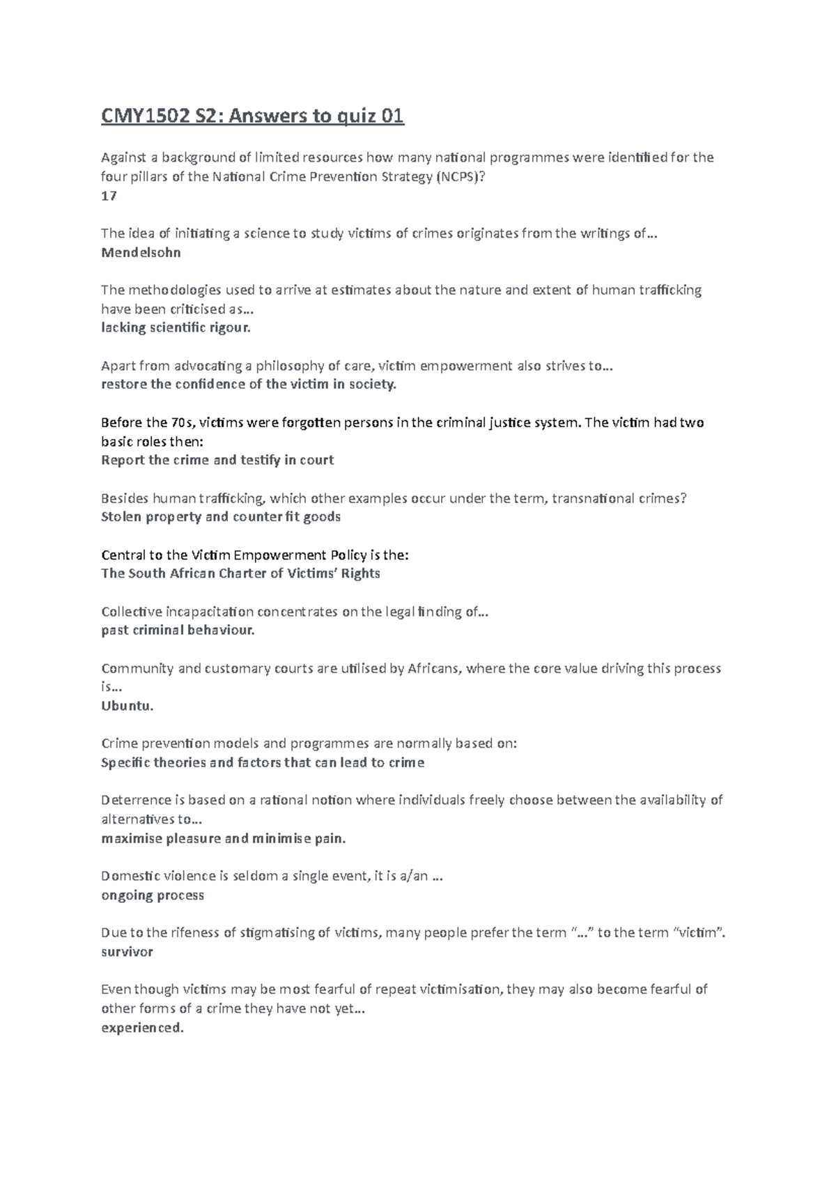 CMY1502S2 Answers TO MCQs - CMY1502 S2: Answers to quiz 01 Against a ...