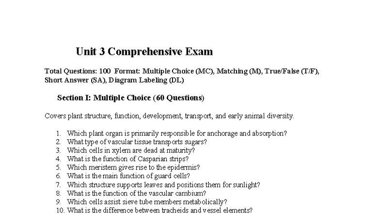 Unit 3 Comprehensive Exam: Plant & Animal Diversity (100 Qs) - Studocu