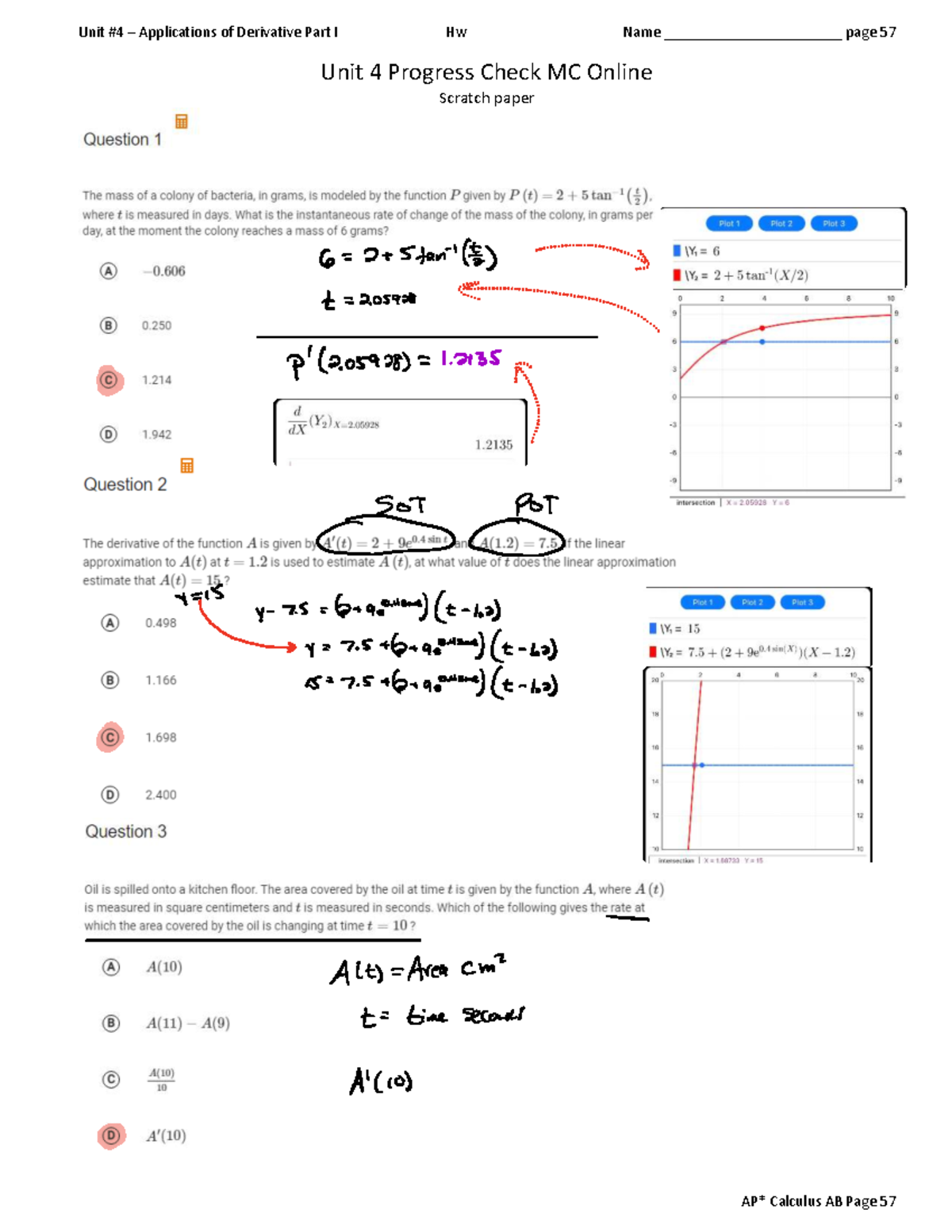 Calculus AB Unit 4 Progress Check MCQ Key and Applications of ...