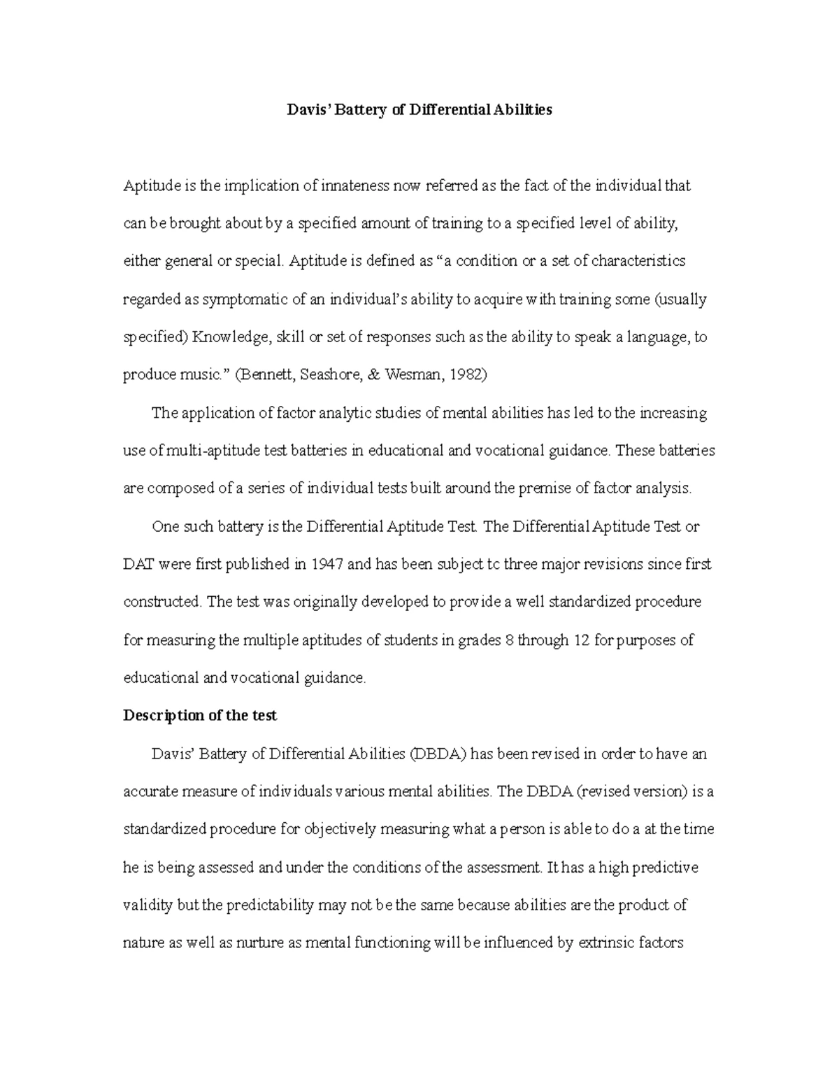 DBDA introduction - Davis’ Battery of Differential Abilities Aptitude ...