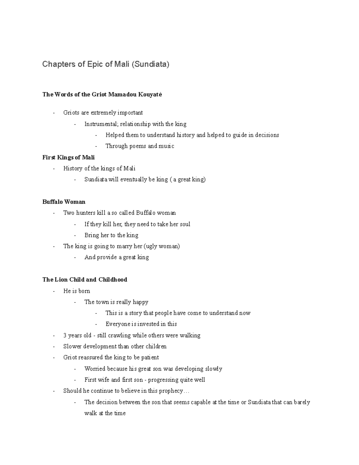 Sundiata Epic Notes: Key Themes and Chapter Summaries - Studocu