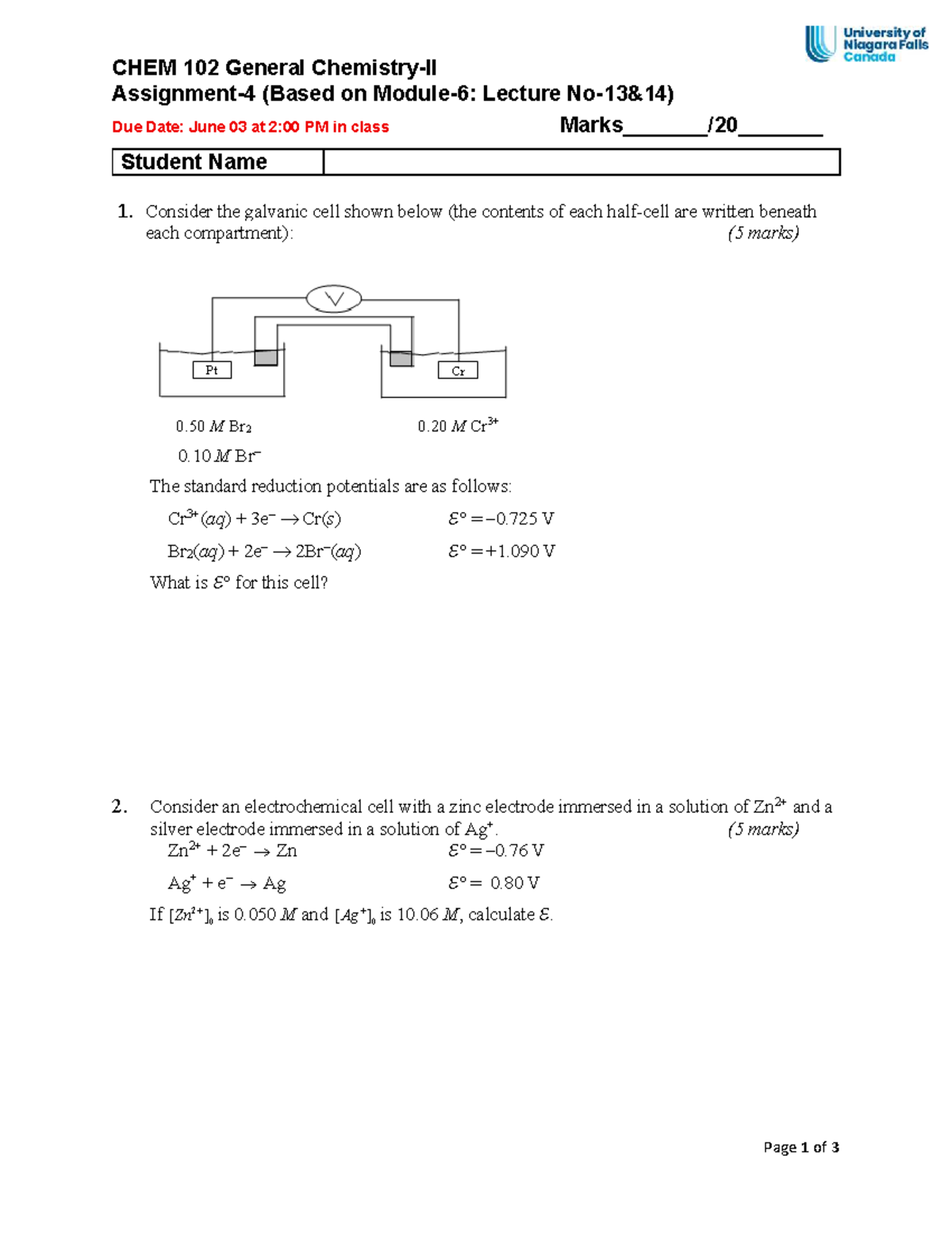 CHEM 102 Assignment-4: Electrochemistry Problems - Studocu