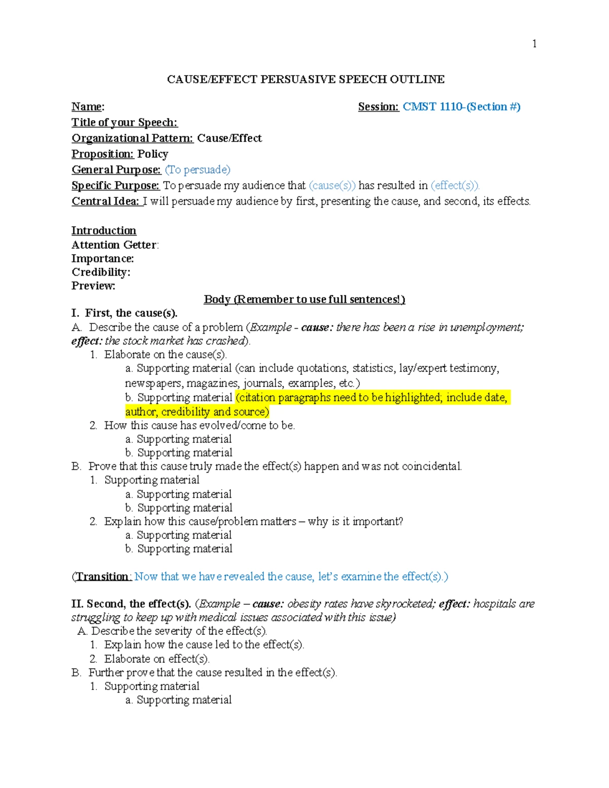 Problem-Cause-Solution Outline - 1 OUTLINE Name: Session: CMST Title of ...
