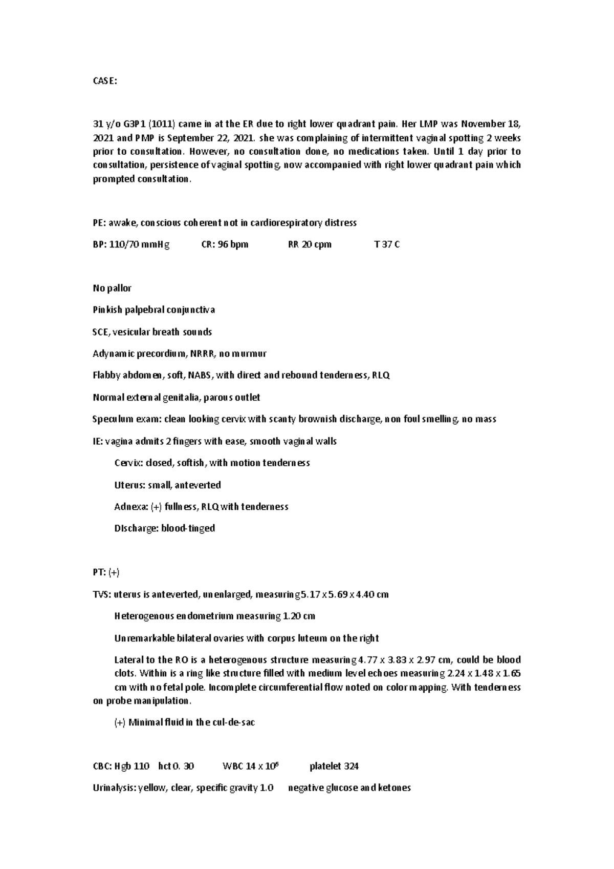 Ectopic Pregnancy Case Study: 31 G3P1 (1011) ER Presentation - Studocu