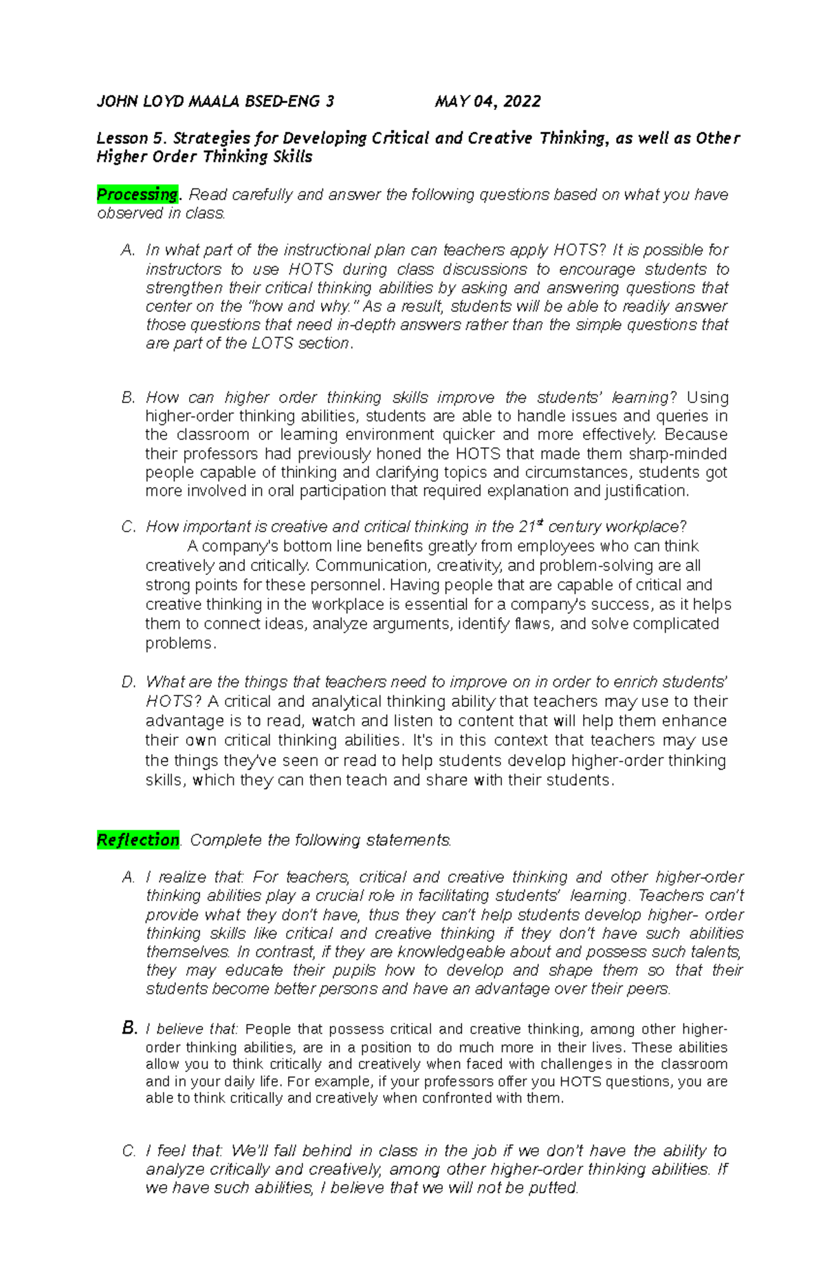 Lesson 5 - Strategies for Enhancing Critical & Creative Thinking (AOL2) - Studocu