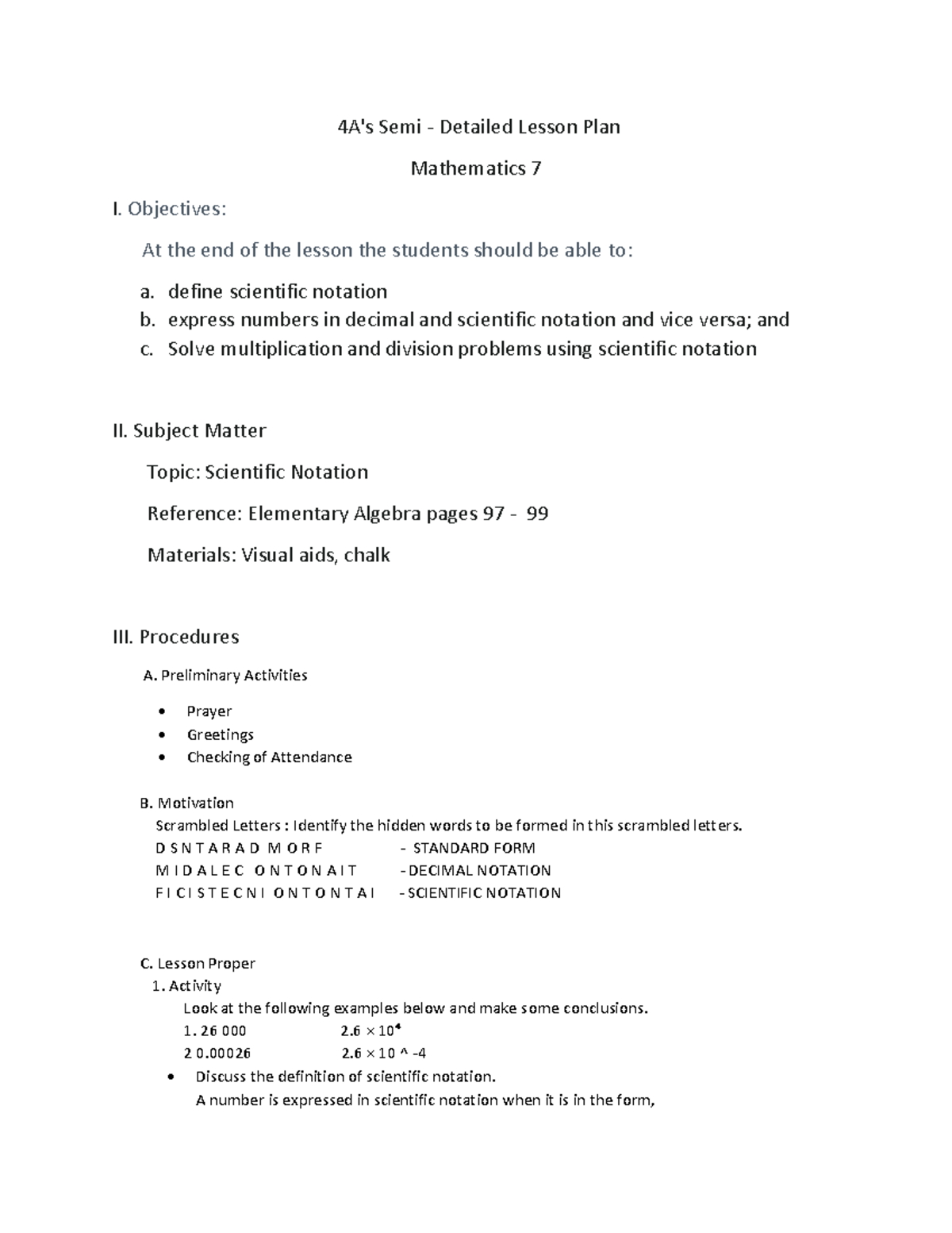 Mathematics 7: Detailed Lesson Plan on Scientific Notation - Studocu