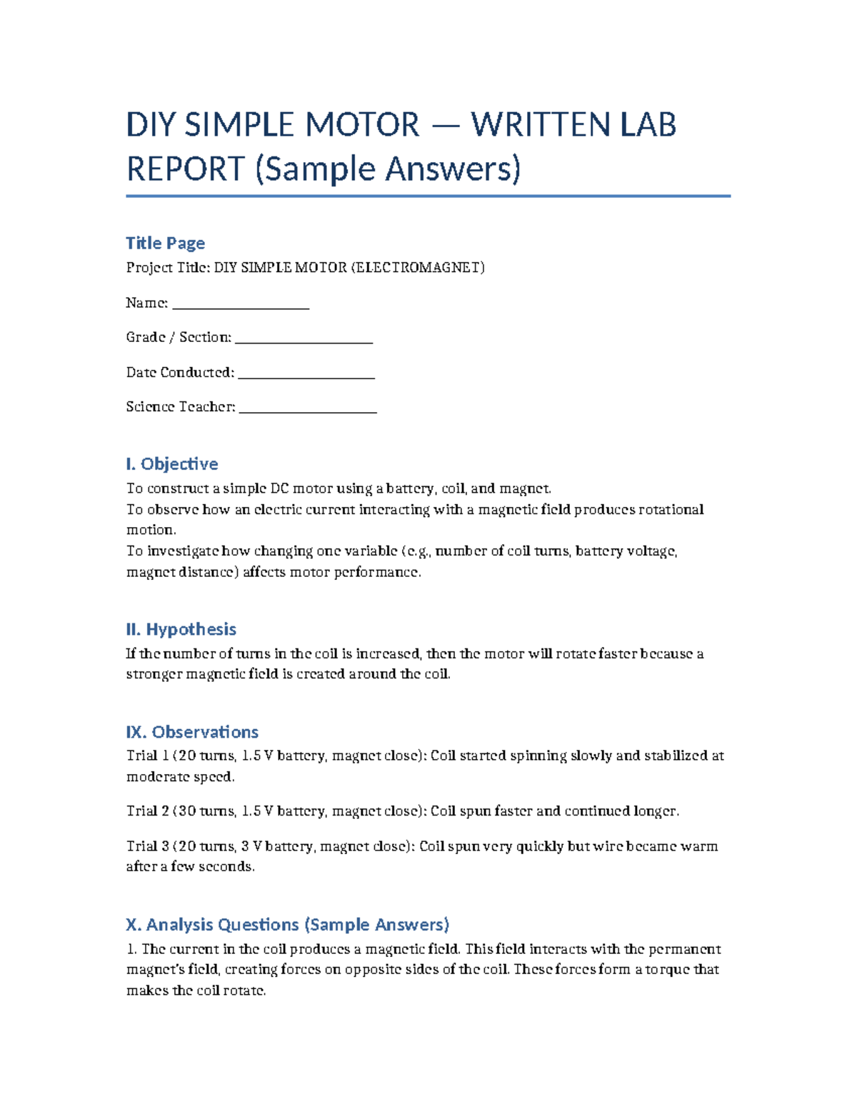 DIY Simple Motor Lab Report (Sample Answers) - Studocu