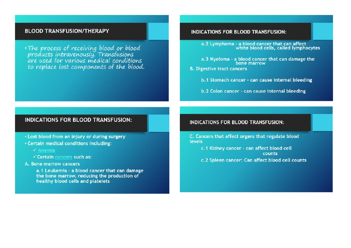 BLOOD TRANSFUSION INDICATIONS & NURSING RESPONSIBILITIES: A.2 - Studocu