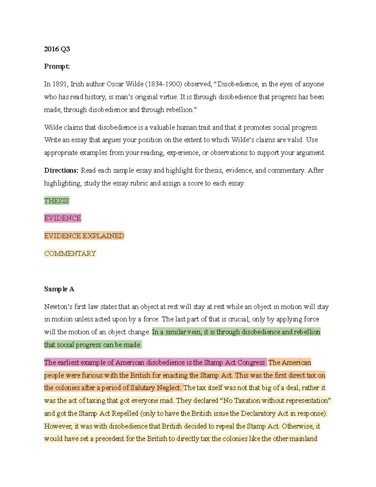 ENG 2016 Q3 Essay: The Role of Disobedience in Social Progress - Studocu