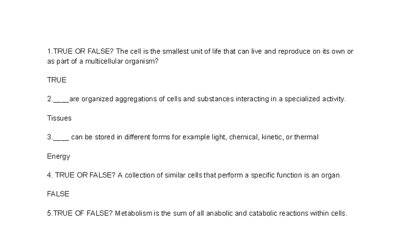 A&P EXAM 1 - True or False Questions on Chapters 1-3 - Studocu