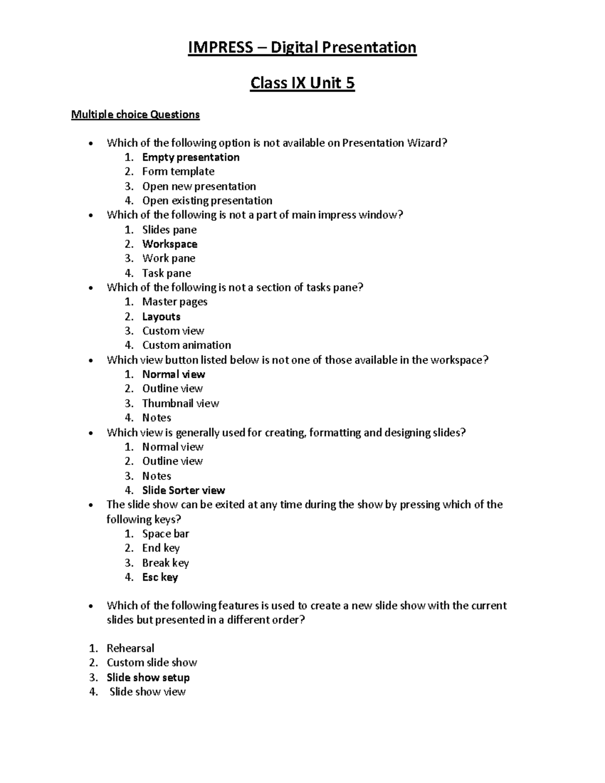 IMPR Digital Presentation Class IX Unit 5 MCQs and Notes - Studocu