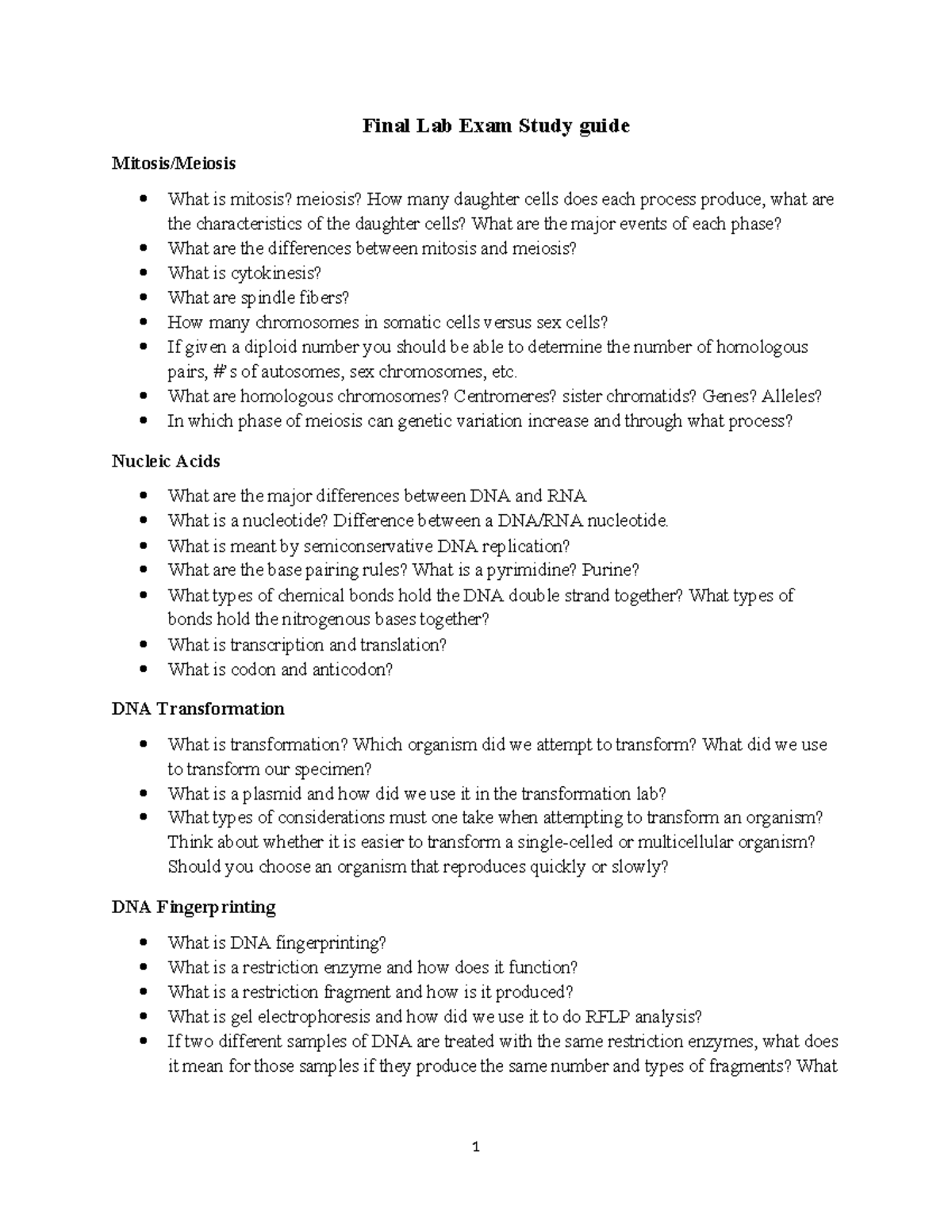Final Lab Exam Study Guide: Mitosis, Meiosis, and DNA Concepts - Studocu