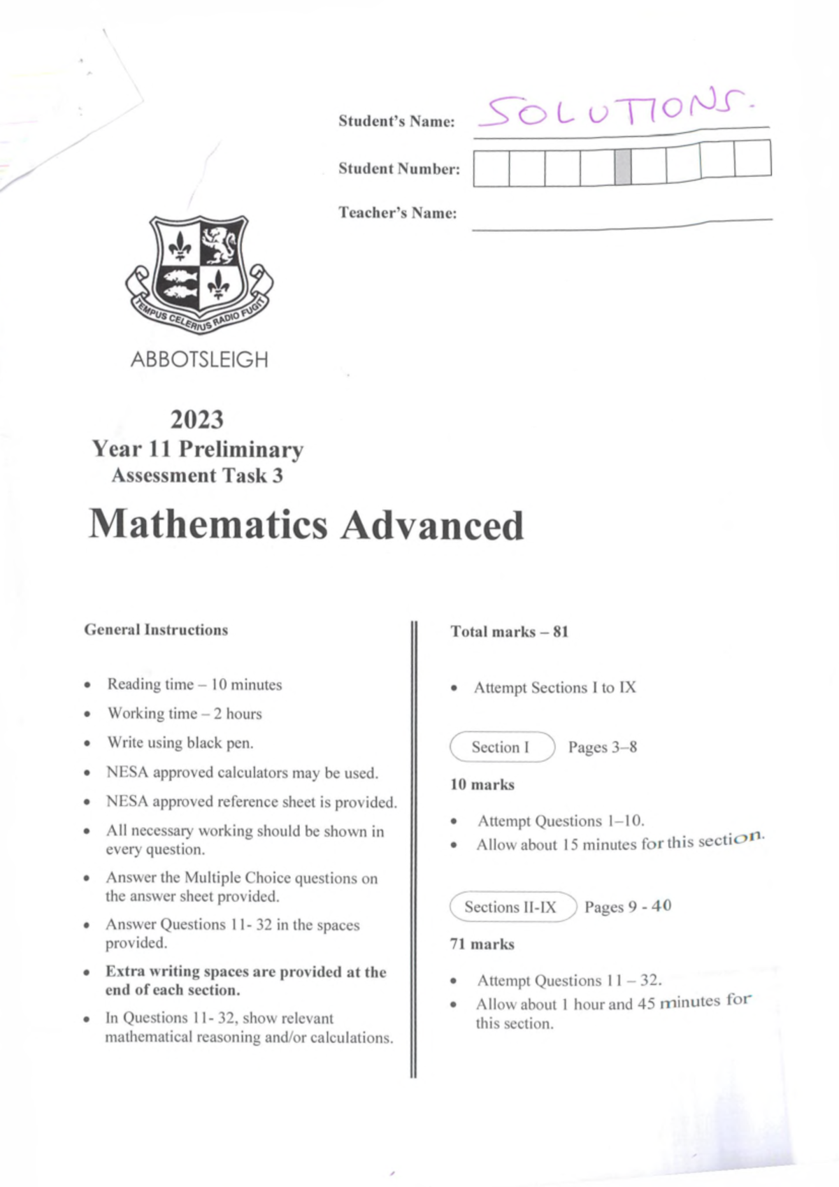 MG Year 11 Task 3 Advanced Mathematics Assessment Guide - Studocu