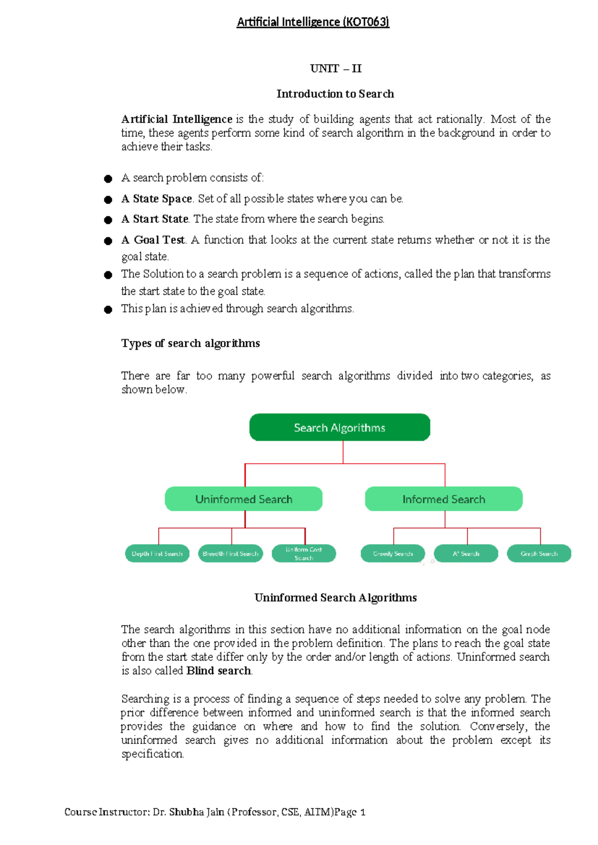 Artificial Intelligence (KOT063) UNIT II: Search Algorithms Overview - Studocu