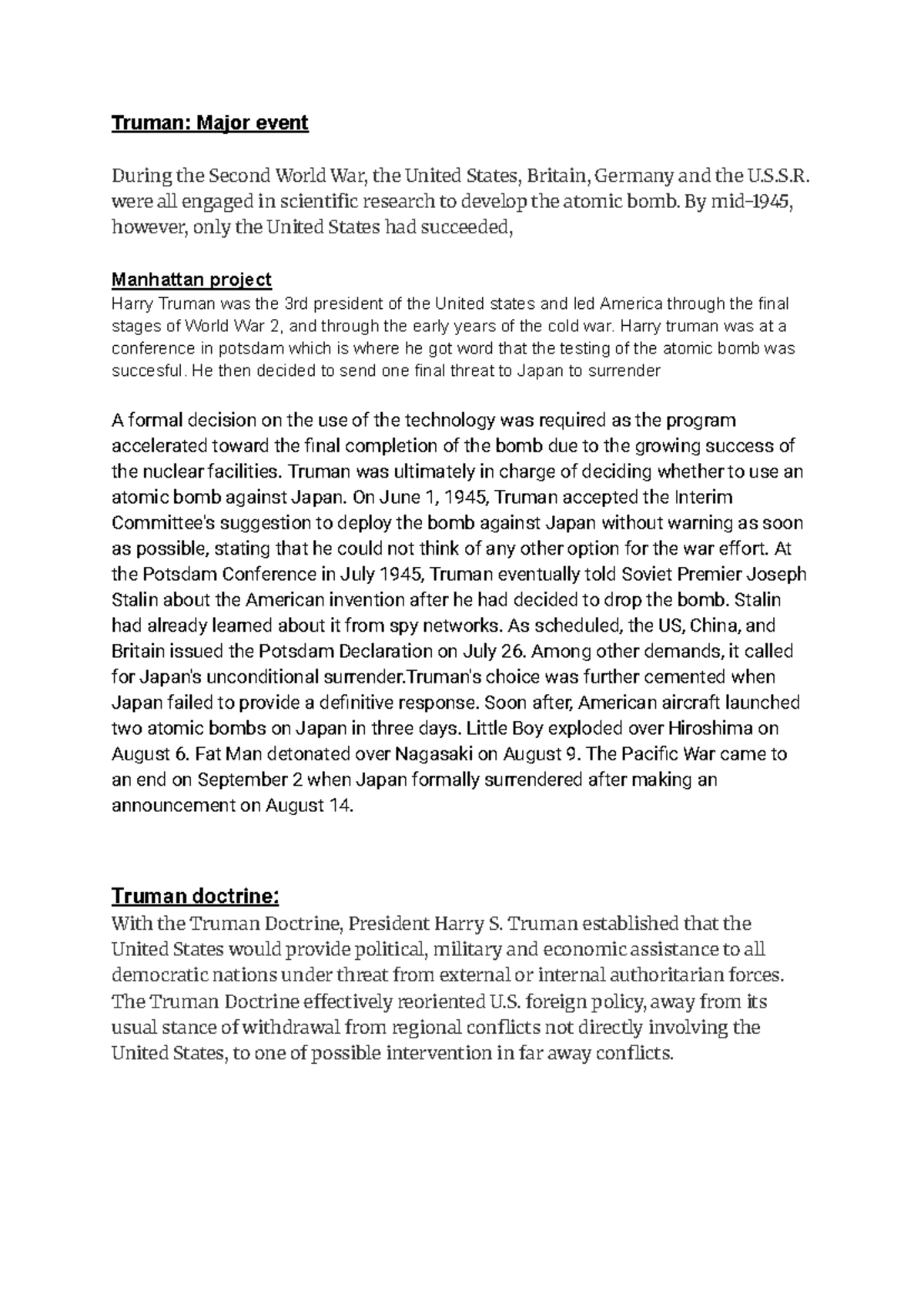 HIST 302: Truman's Role in WWII and the Cold War Dynamics - Studocu