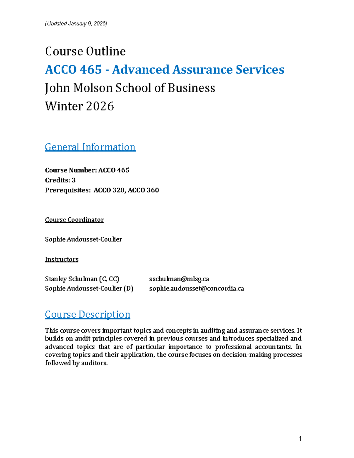 ACCO 465 - Advanced Assurance Services Course Outline Winter 2026 - Studocu