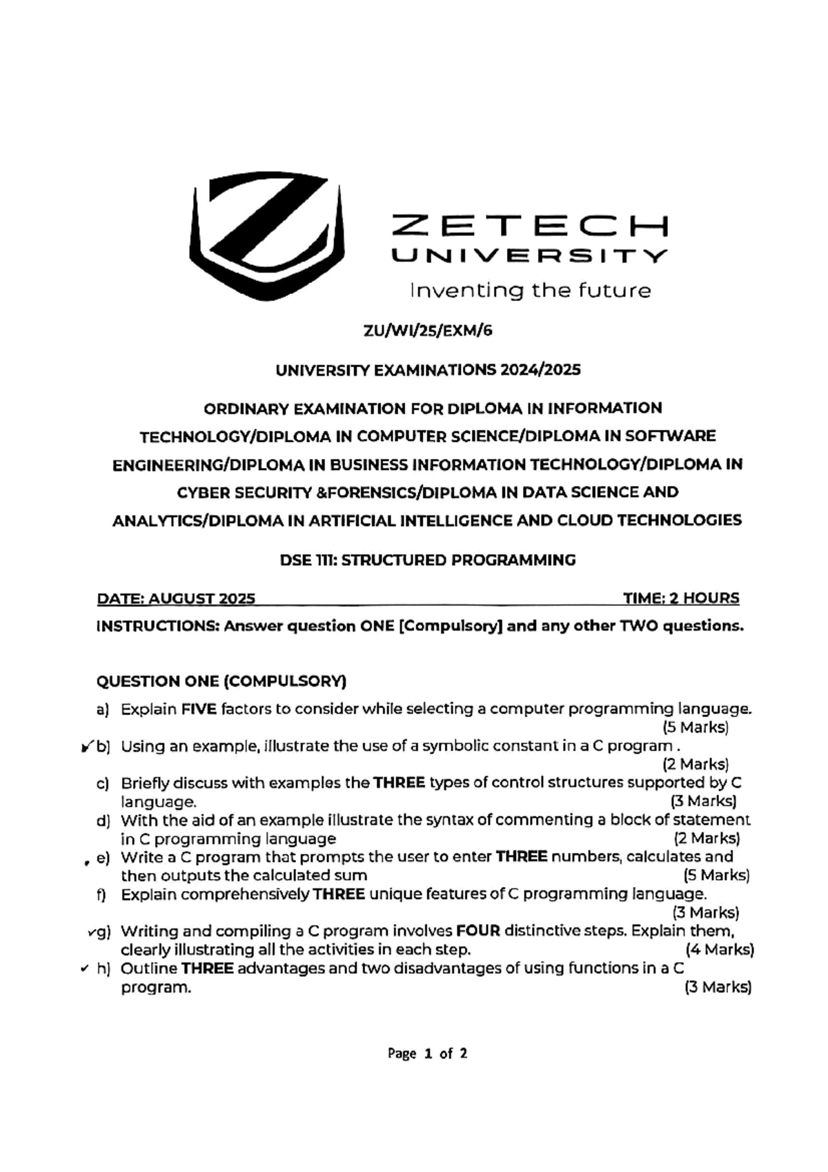 DSE 2025: Structured Programming Exam Questions and Guidelines - Studocu