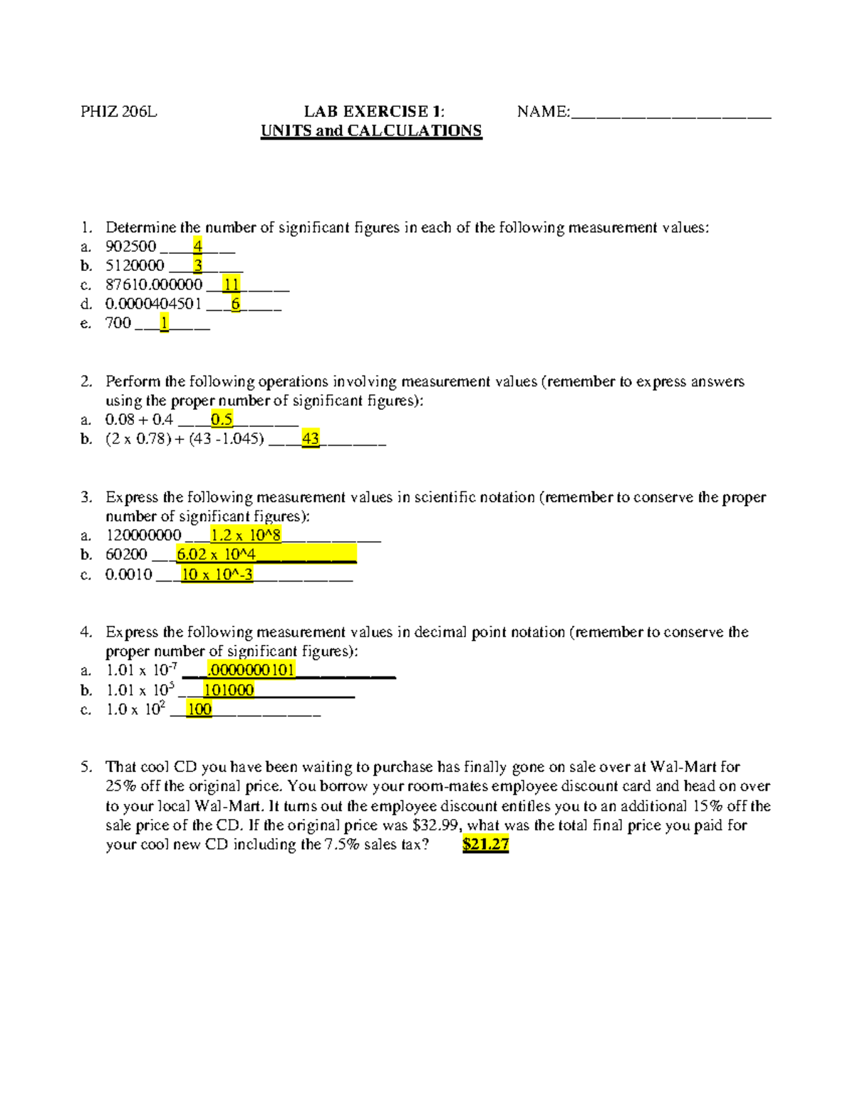 PHIS 206L Lab Exercise 1: Units and Significant Figures Analysis - Studocu