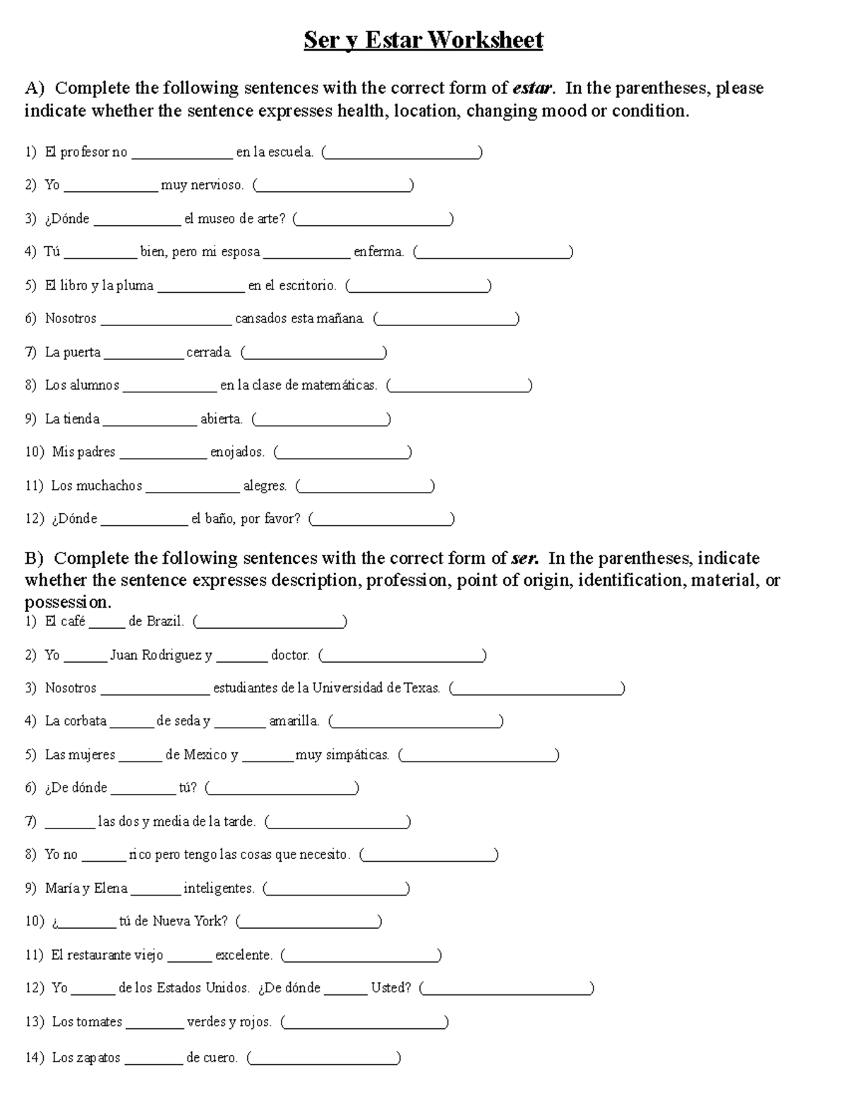 Spanish Worksheet ser y estar spanish 101 - Ser y Estar Worksheet A ...