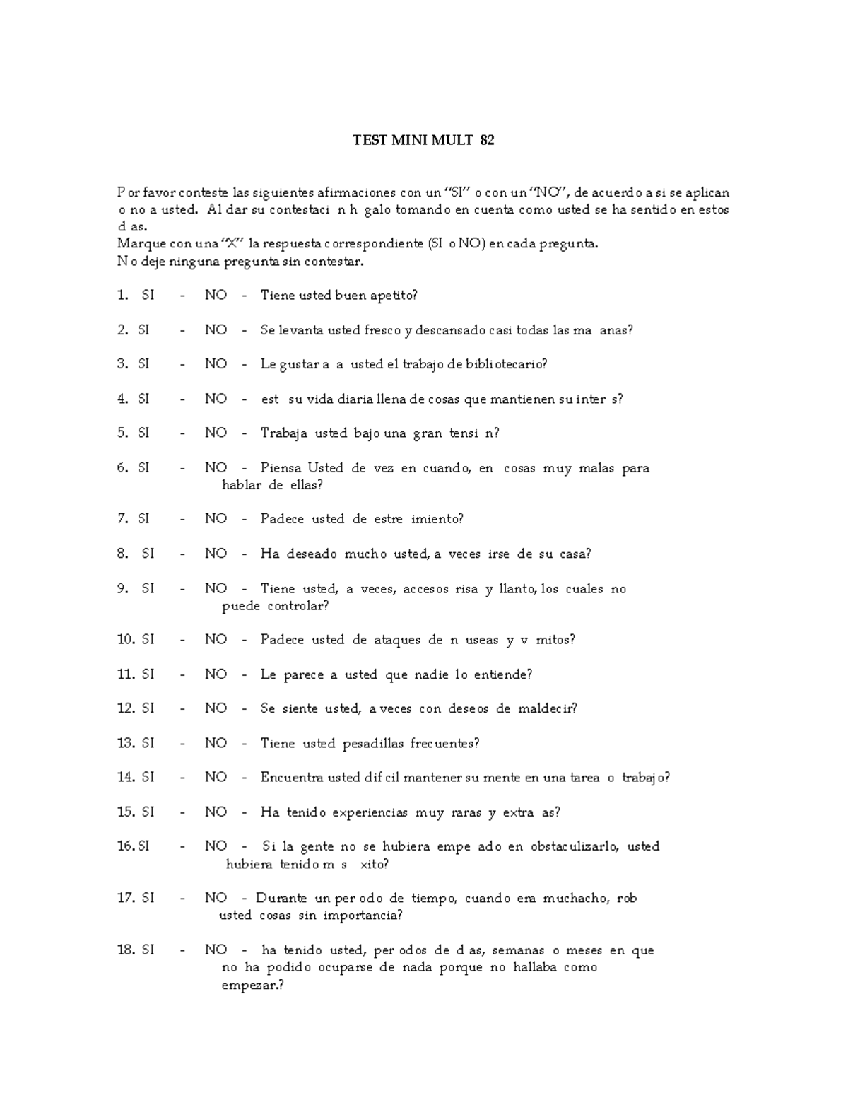 Preguntas del TEST MINI MULT 82: Evaluación de Afirmaciones Personales ...