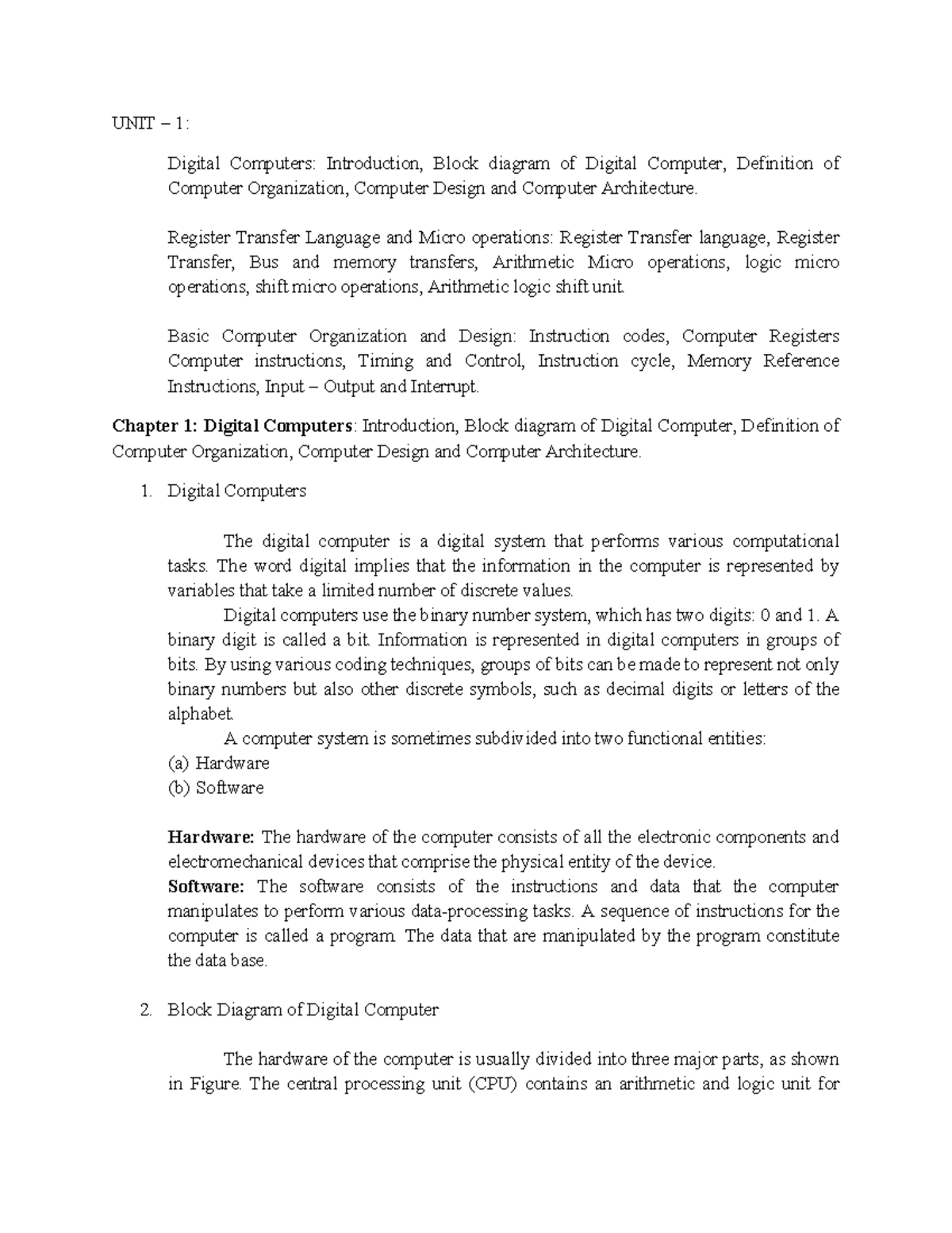COA Notes for UNIT 1: Digital Computers & Basic Organization - Studocu