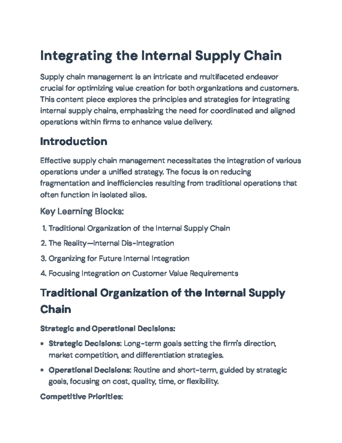Integrating Internal Supply Chains: Strategies for Enhanced Value ...