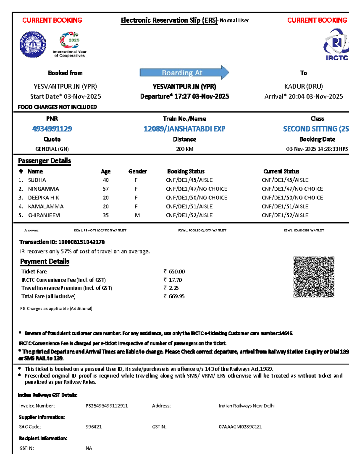 Electronic Reservation Slip for Train Booking - PNR 4934991129 - Studocu