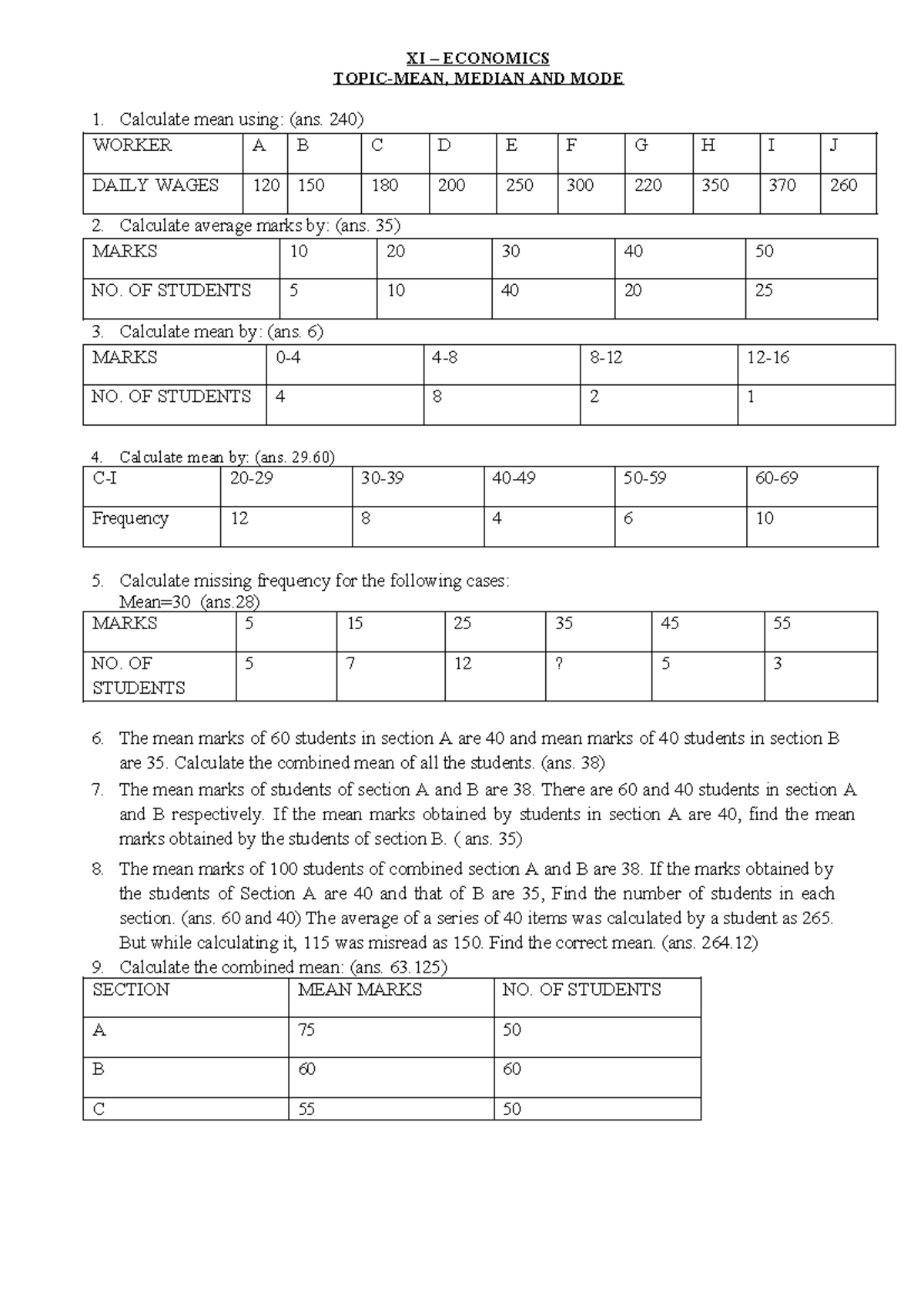 XI ECONOMICS WORKSHEET: MEAN, MEDIAN & MODE CALCULATIONS - Studocu