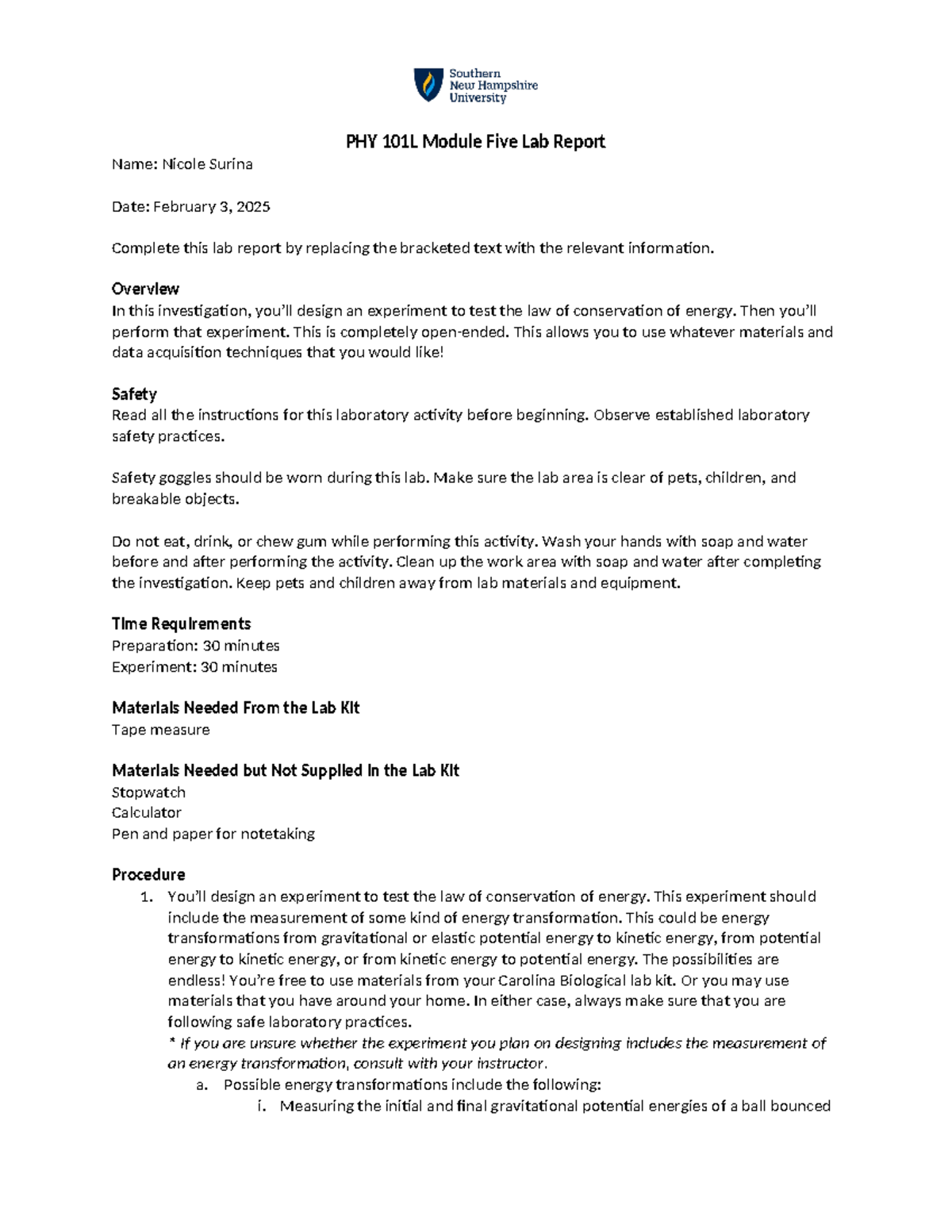 **PHY 101L Module 5 Lab Report: Testing Energy Conservation** - Studocu