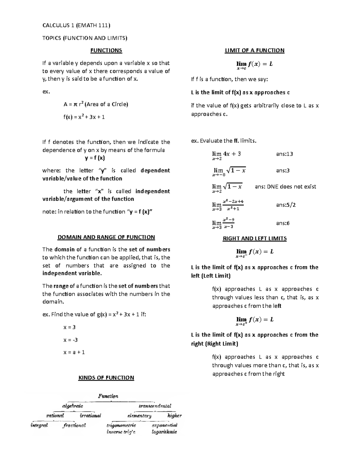 Calculus 1 (EMATH 111) Final Notes on Functions and Limits - Studocu