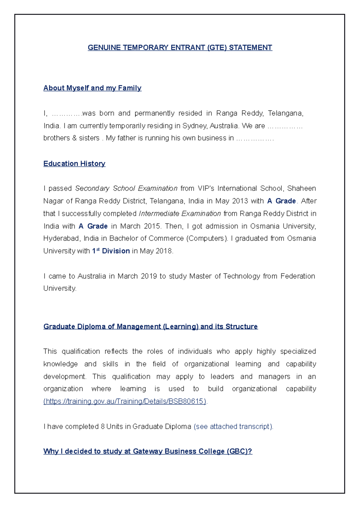 GTE Statement for Commercial Cookery & Hospitality Management Studies ...