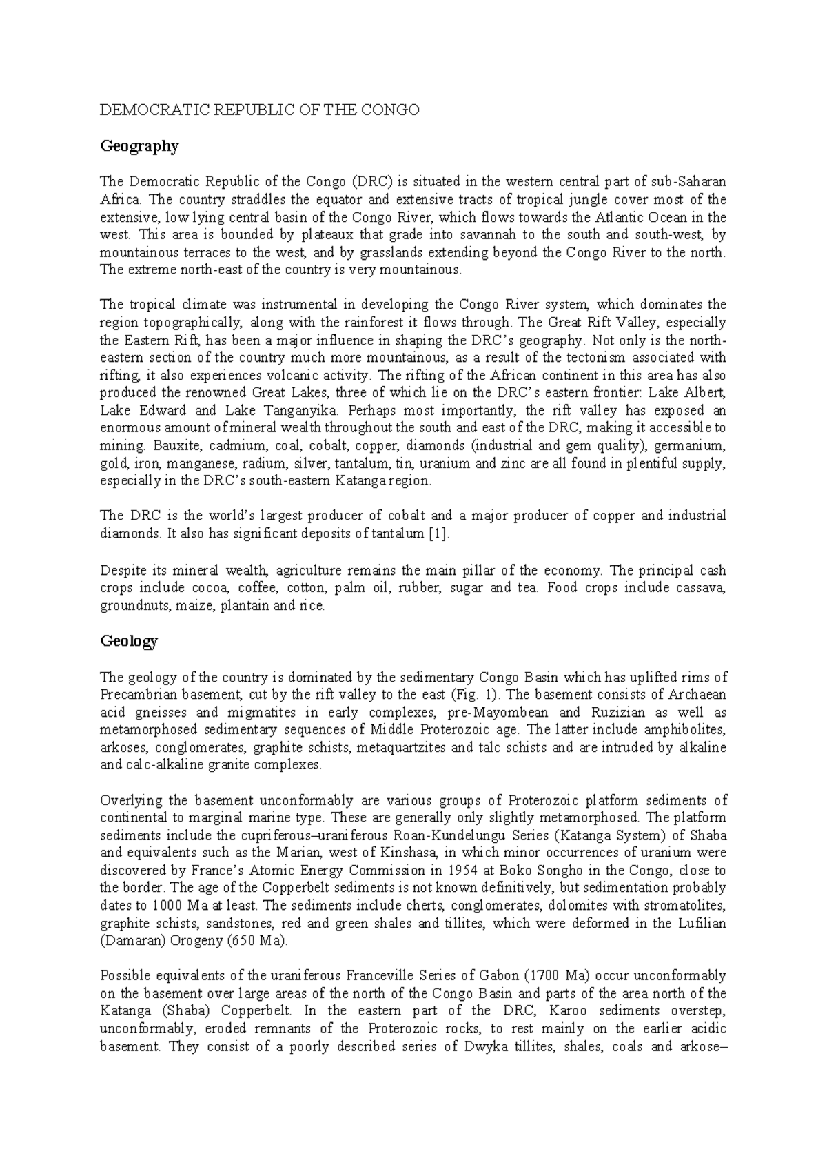 Geography and Geology of the Democratic Republic of the Congo (DRC ...